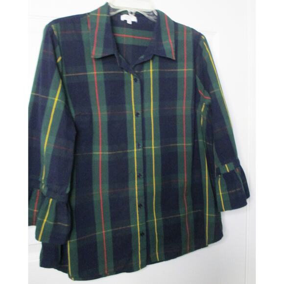 crown & ivy | Tops | Crown Ivy Tartan Plaid Button Down Top Green Navy ...